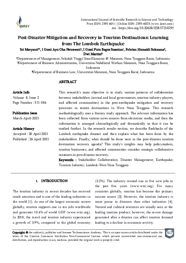 (PDF) Post-Disaster Mitigation and Recovery in Tourism Destinations ...