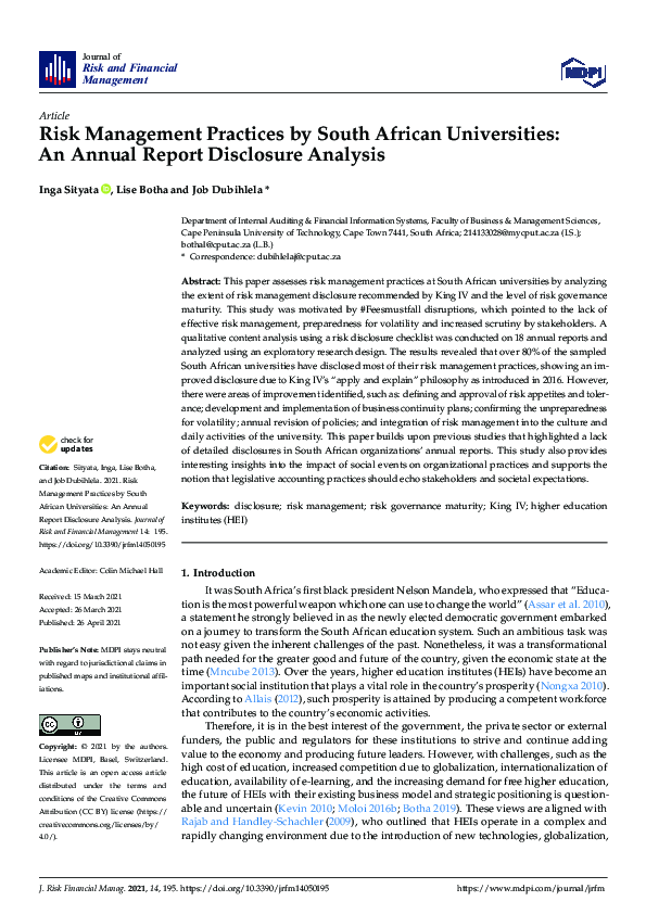 (PDF) Risk Management Practices by South African Universities: An ...
