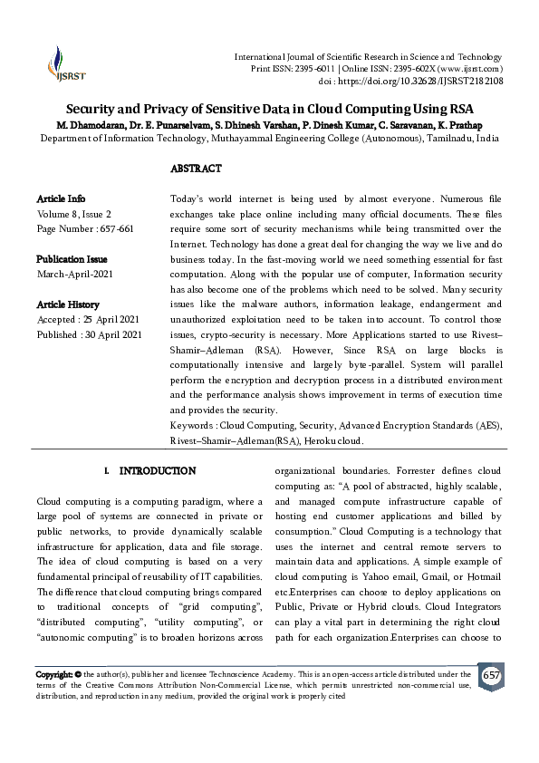 Pdf Security And Privacy Of Sensitive Data In Cloud Computing Using Rsa 2843