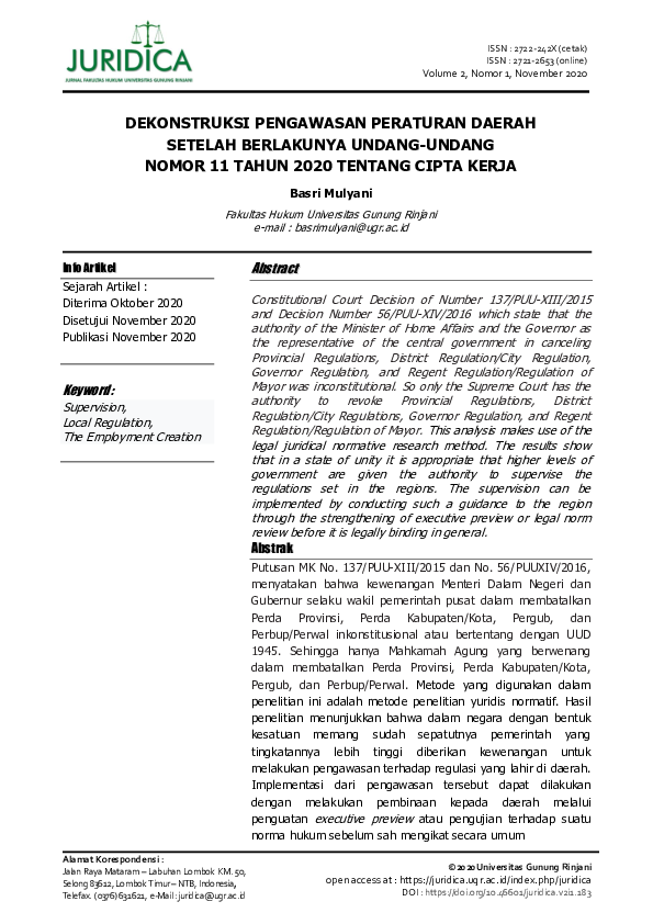 (PDF) Dekonstruksi Pengawasan Peraturan Daerah Setelah Berlakunya Undang-Undang Nomor 11 Tahun ...