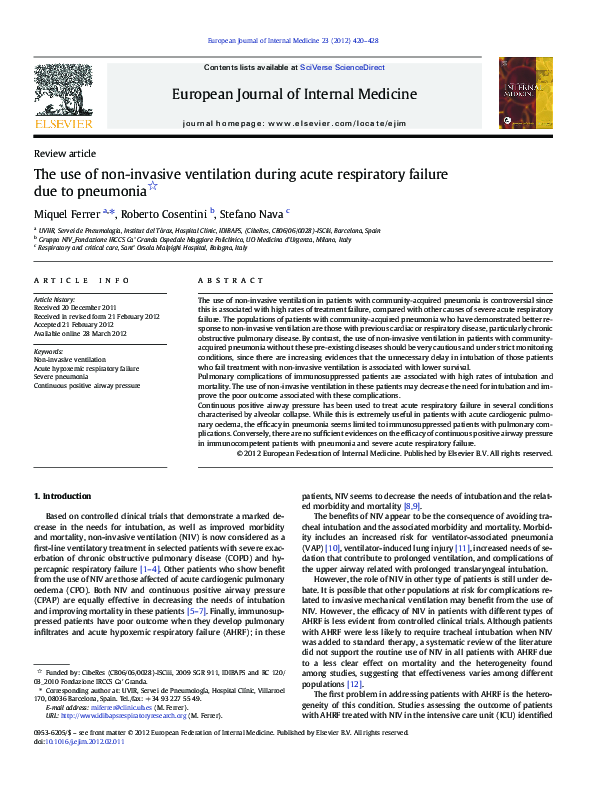 (PDF) The use of non-invasive ventilation during acute respiratory ...
