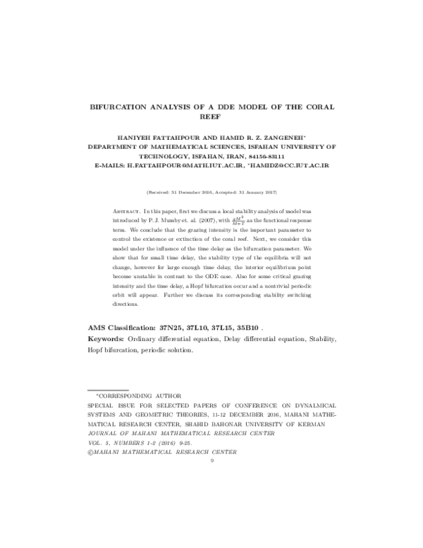 (PDF) Bifurcation Analysis Of A DDE Model Of The Coral Reef