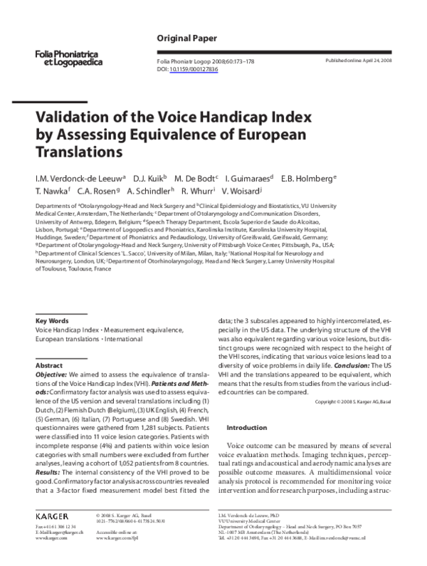 (PDF) Validation of the voice handicap index by assessing equivalence ...