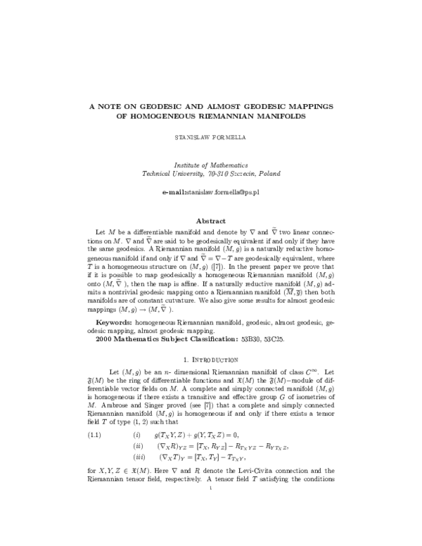 (PDF) A note on geodesic and almost geodesic mappings of homogenous ...
