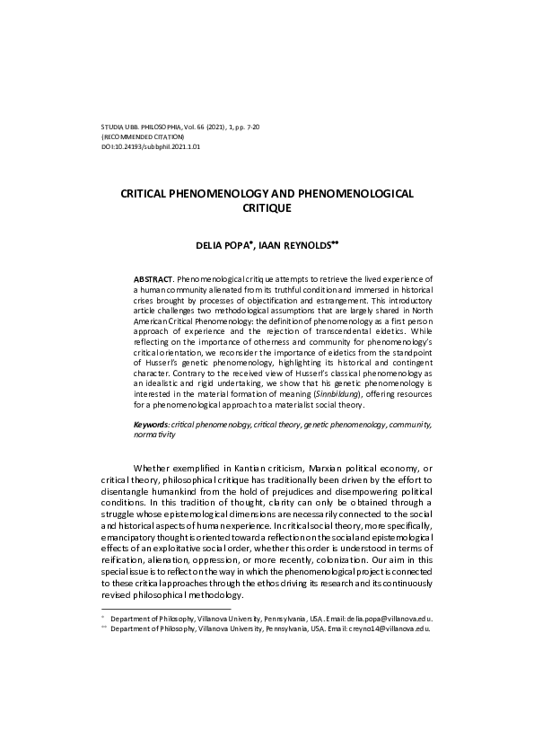 (PDF) Critical Phenomenology and Phenomenological Critique