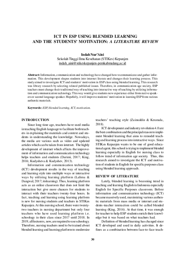 (PDF) ICT IN ESP USING BLENDED LEARNING AND THE STUDENTS’ MOTIVATION: A LITERATURE REVIEW
