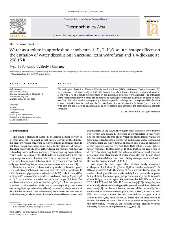 (PDF) Water as a solute in aprotic dipolar solvents. 1. D2O–H2O solute ...