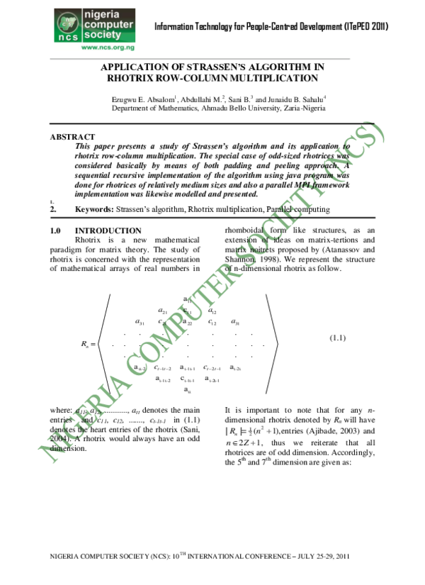(PDF) APPLICATION OF STRASSEN'S ALGORITHM IN RHOTRIX ROW-COLUMN MULTIPLICATION