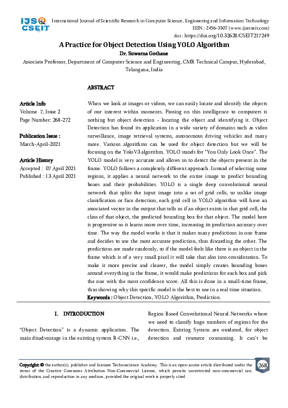 Pdf A Practice For Object Detection Using Yolo Algorithm