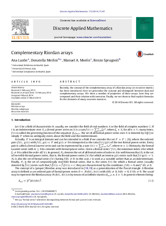Pdf Complementary Riordan Arrays