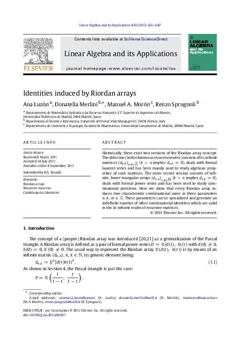 (PDF) Identities induced by Riordan arrays