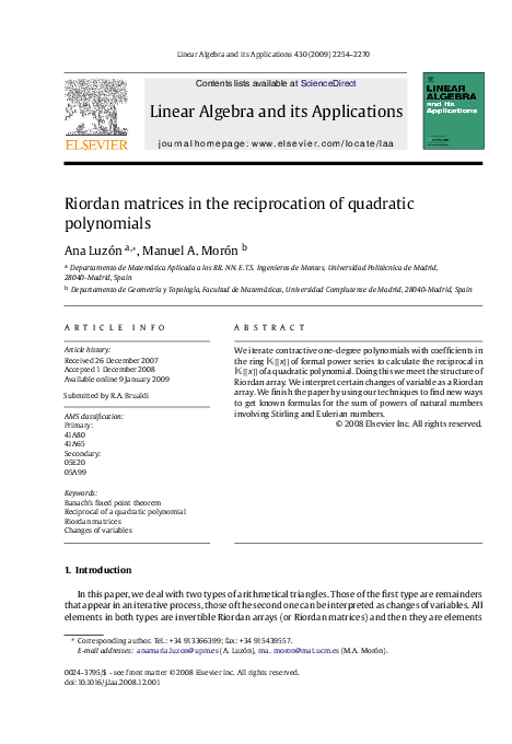 (PDF) Riordan matrices in the reciprocation of quadratic polynomials
