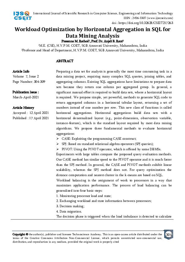 (PDF) Workload Optimization by Horizontal Aggregation in SQL for Data Mining Analysis