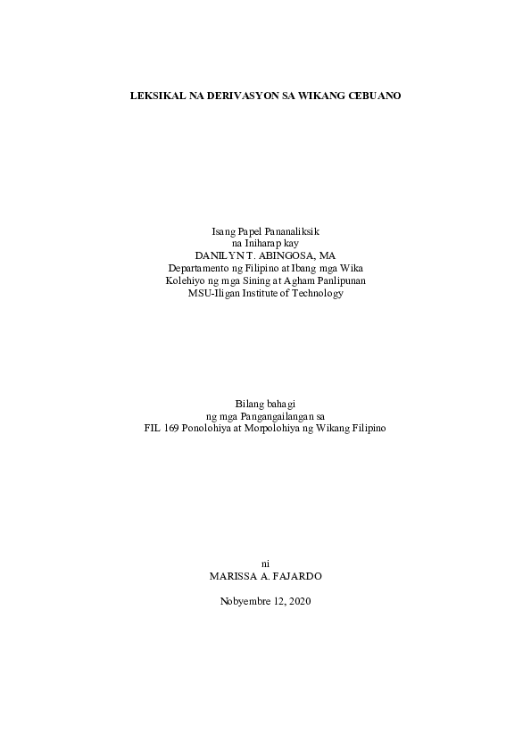 (PDF) LEKSIKAL NA DERIVASYON SA WIKANG CEBUANO
