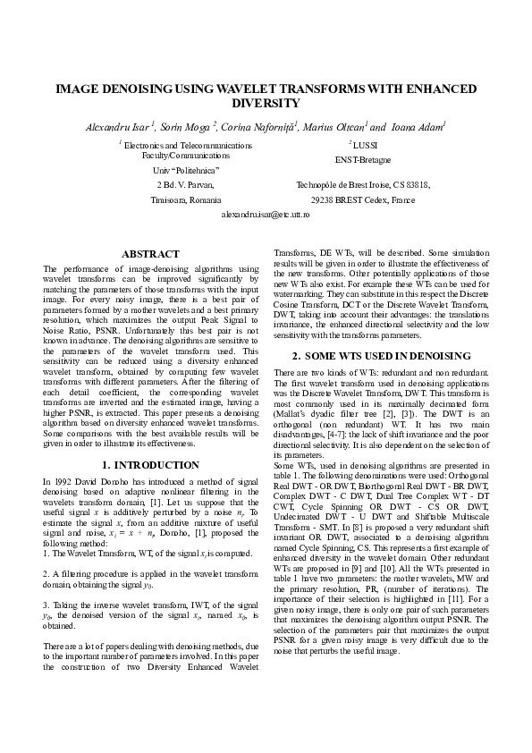 Pdf Image Denoising Using Wavelet Transforms With Enhanced Diversity