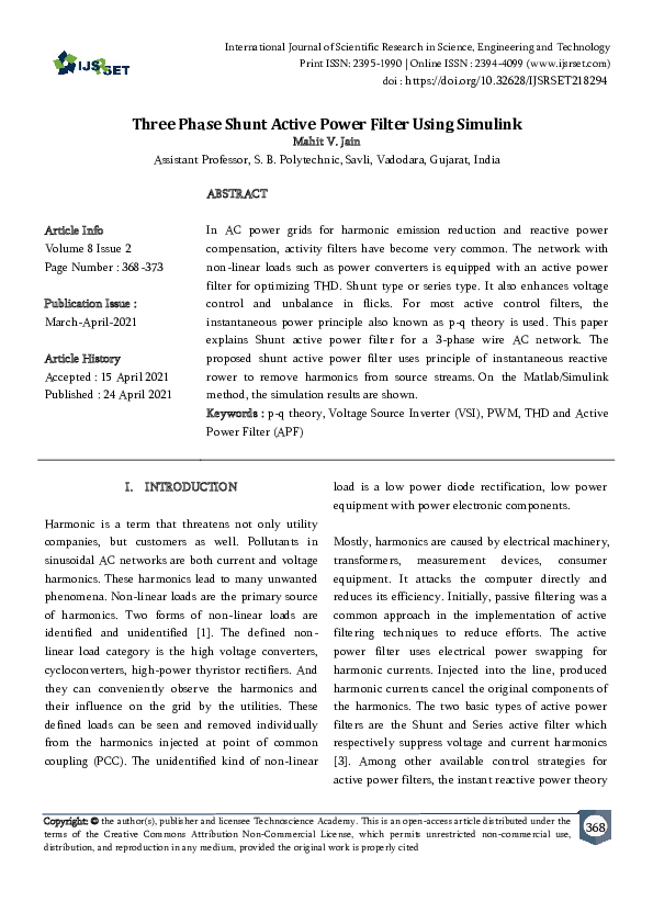Pdf Three Phase Shunt Active Power Filter Using Simulink