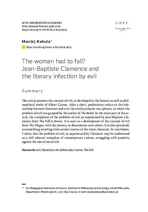 (PDF) The woman had to fall? Jean-Baptiste Clamence and the literary ...