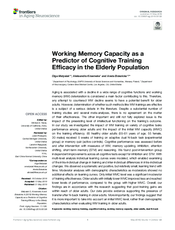 (PDF) Working Memory Capacity as a Predictor of Cognitive Training Efficacy in the Elderly ...