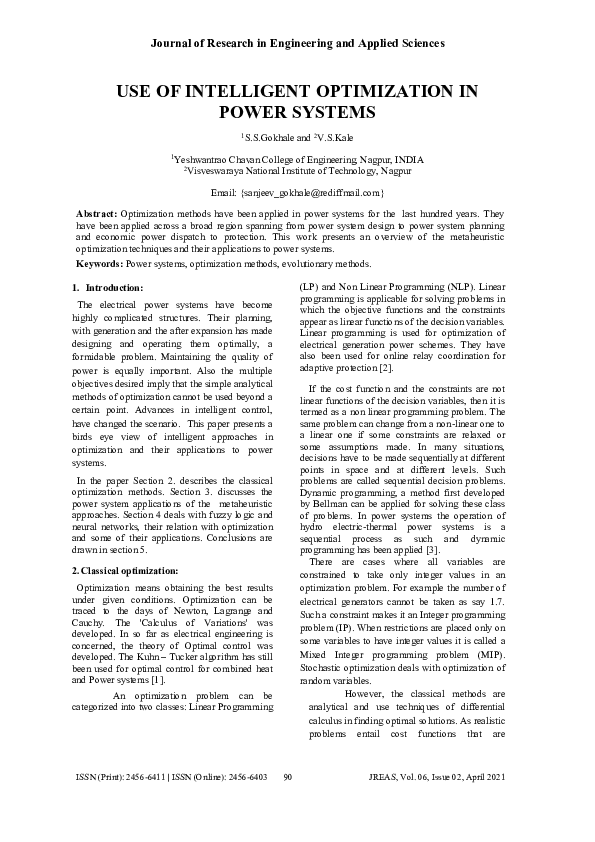 (PDF) USE OF INTELLIGENT OPTIMIZATION IN POWER SYSTEMS
