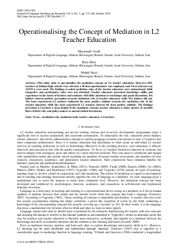 (PDF) Operationalising the Concept of Mediation in L2 Teacher Education