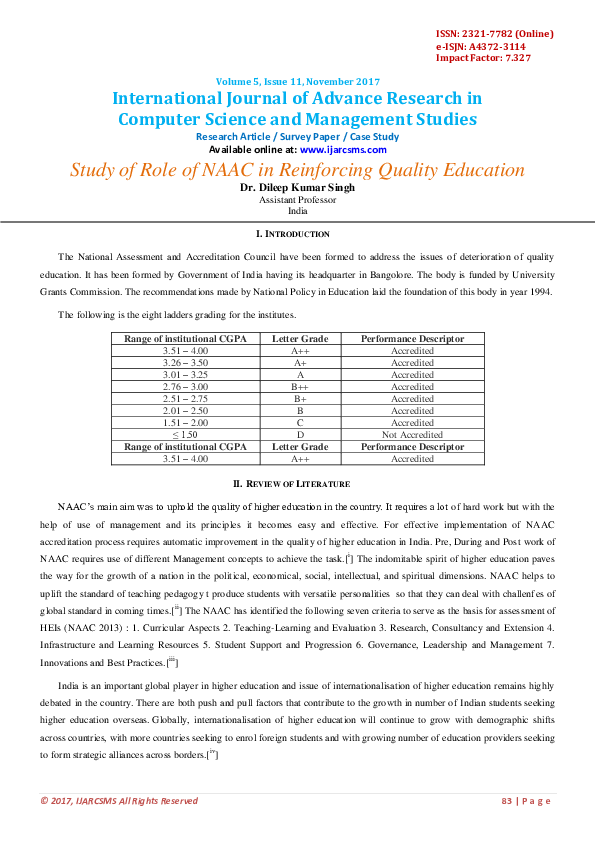 (PDF) Study of Role of NAAC in Reinforcing Quality Education