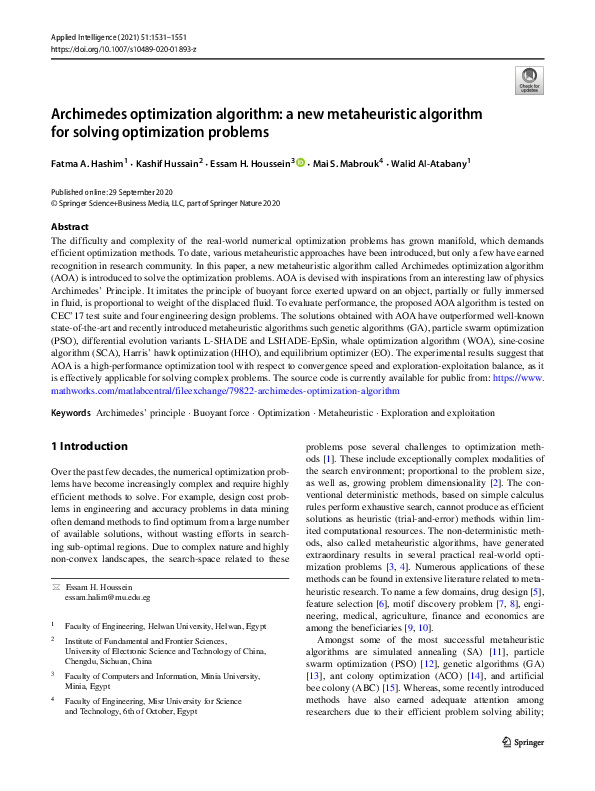 (PDF) Archimedes optimization algorithm: a new metaheuristic algorithm for solving optimization ...