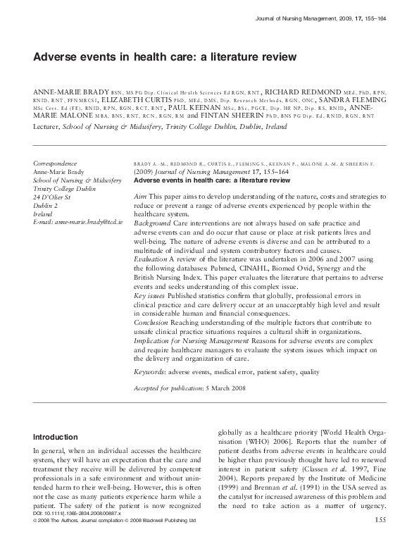 (PDF) Adverse events in health care: a literature review