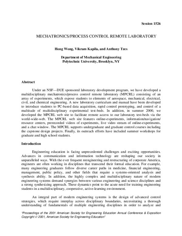 (PDF) Mechatronics/Process Control Remote Laboratory