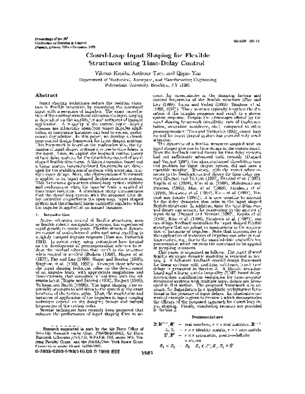 Pdf Closed Loop Input Shaping For Flexible Structures Using Time Delay Control