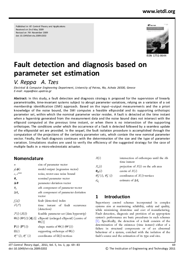 (PDF) Fault detection and diagnosis based on parameter set estimation