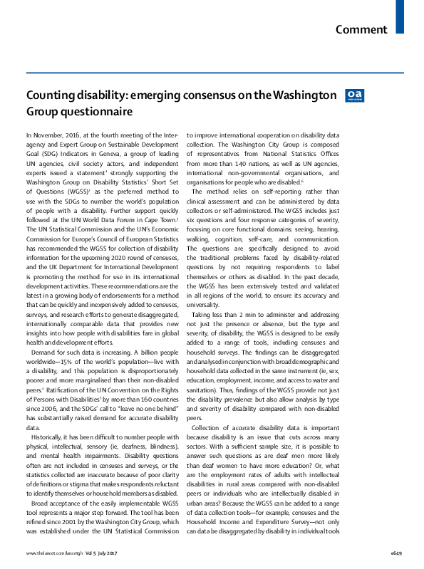 (PDF) Counting disability: emerging consensus on the Washington Group ...