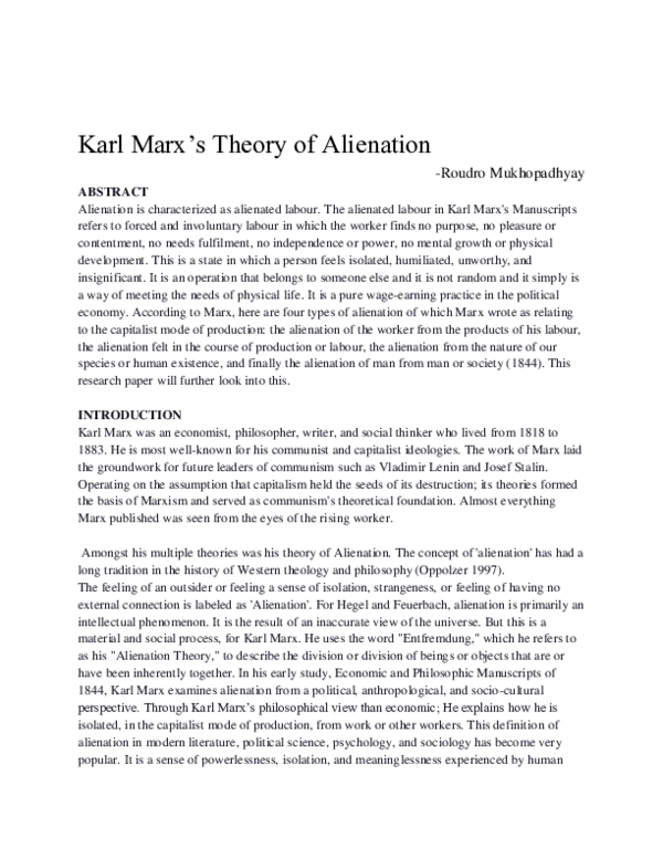 (PDF) Roudro Mukhopadhyay Karl Marx Theory of Alienation
