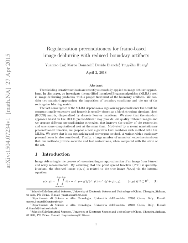 (PDF) Regularization Preconditioners for Frame-Based Image Deblurring with Reduced Boundary ...