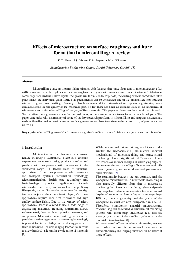 (PDF) Effects of Microstructure on Surface Roughness and Burr Formation in Micromilling: A Review