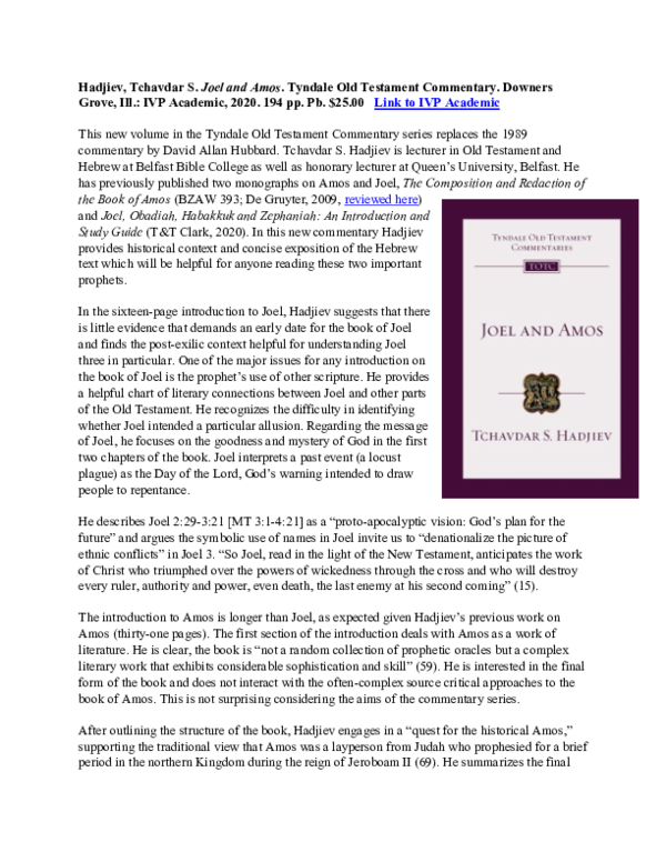 (PDF) Tchavdar S. Hadjiev, Joel and Amos. Tyndale Old Testament ...