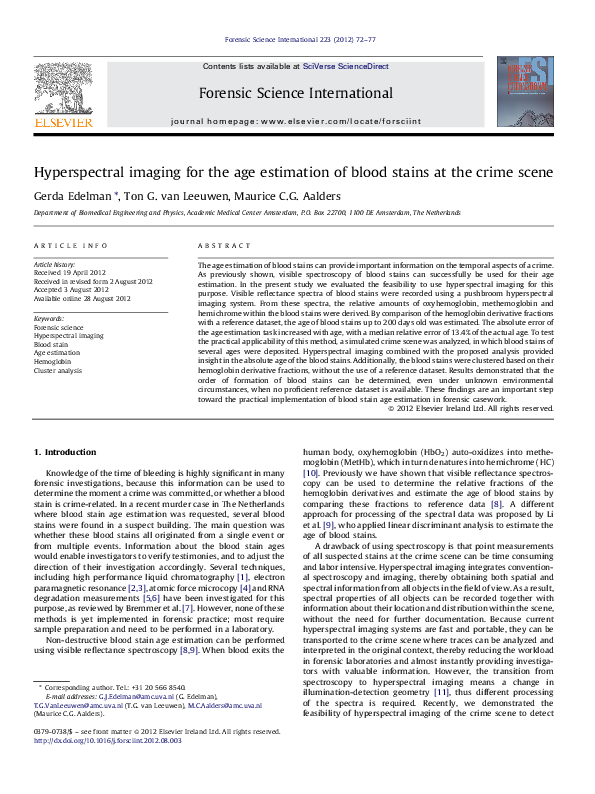 (PDF) Hyperspectral imaging for the age estimation of blood stains at ...