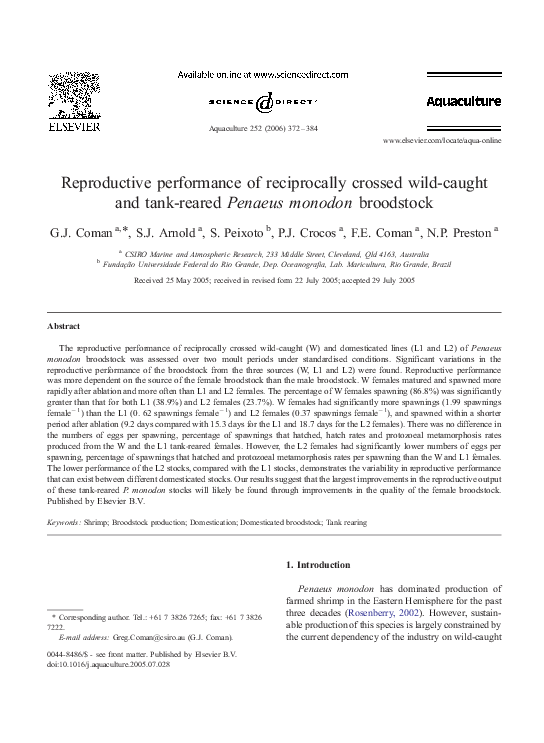 (PDF) Reproductive performance of reciprocally crossed wild-caught and ...