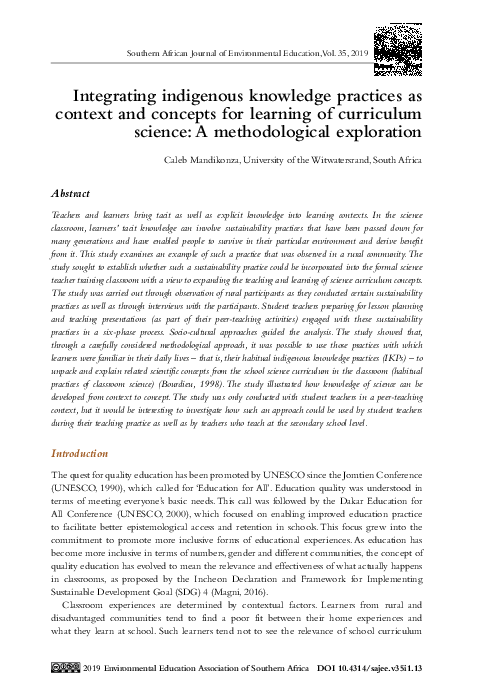 Pdf Integrating Indigenous Knowledge Practices As Context And Concepts For The Learning Of