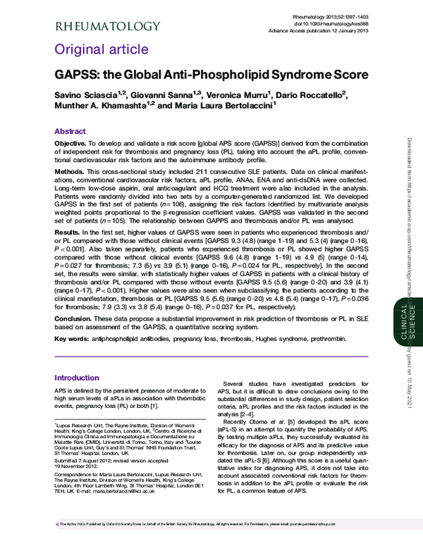 (PDF) GAPSS: the Global Anti-Phospholipid Syndrome Score