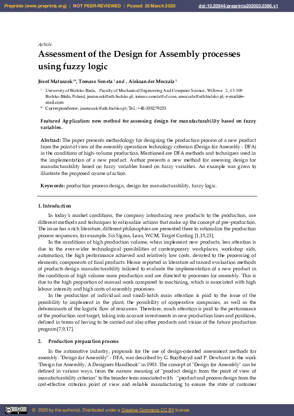 Pdf Assessment Of The Design For Assembly Processes Using Fuzzy Logic