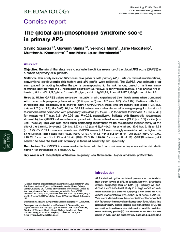 (PDF) The global anti-phospholipid syndrome score in primary APS