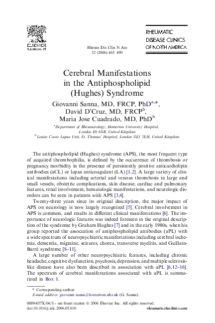 (PDF) Cerebral Manifestations in the Antiphospholipid (Hughes) Syndrome