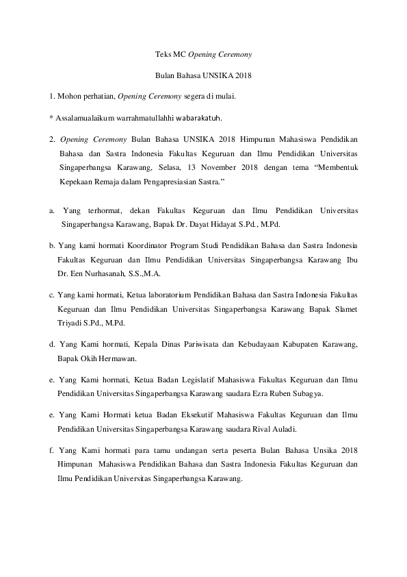 (PDF) Teks Opening Ceremony Acara Bulan Bahasa Unsika 2018 (MC)
