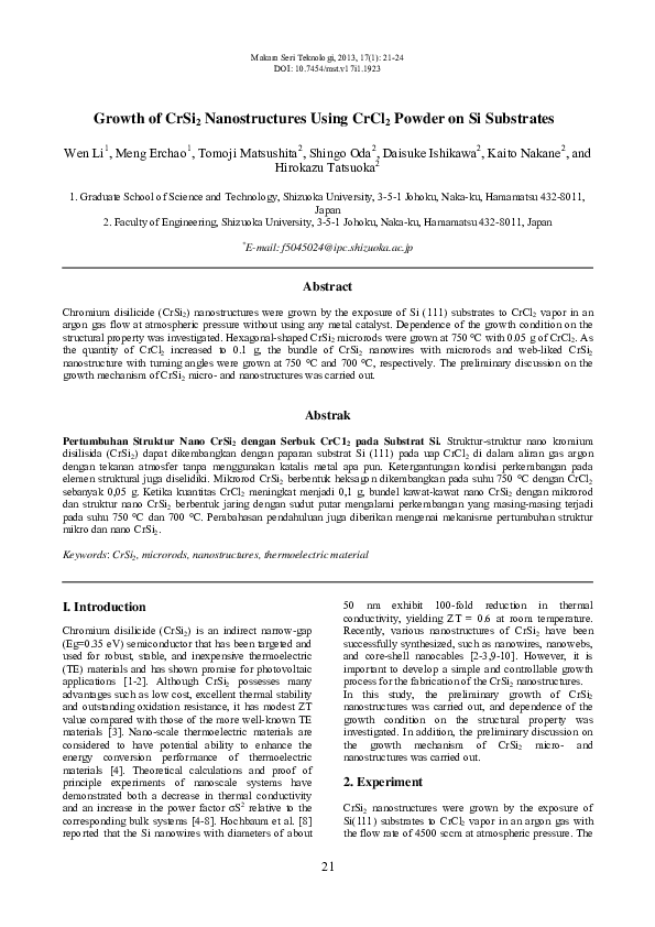 (PDF) Growth of CrSi2 Nanostructures Using CrCl2 Powder on Si Substrates