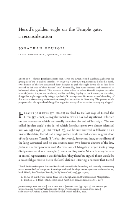 (PDF) Herod’s golden eagle on the Temple gate: a reconsideration
