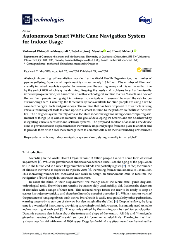 (PDF) Autonomous Smart White Cane Navigation System for Indoor Usage