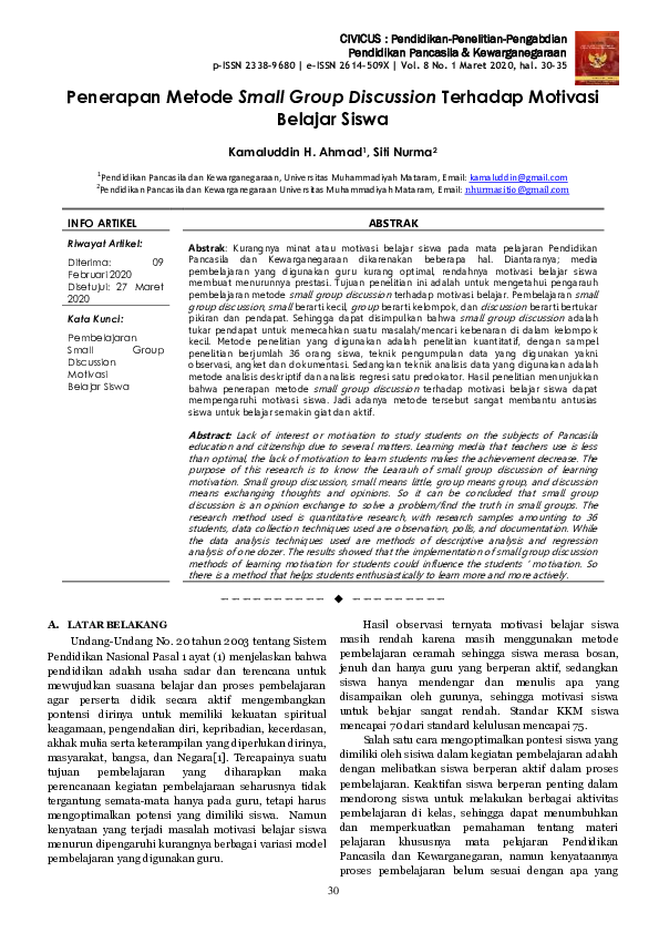 (PDF) Penerapan Metode Small Group Discussion Terhadap Motivasi Belajar ... (PDF) Penerapan Metode Small Group Discussion Terhadap Motivasi Belajar ...