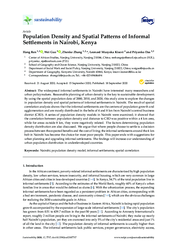 (PDF) Population Density and Spatial Patterns of Informal Settlements in Nairobi, Kenya