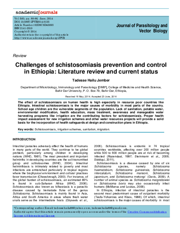 (PDF) Challenges of Schistosomiasis prevention and control in Ethiopia ...
