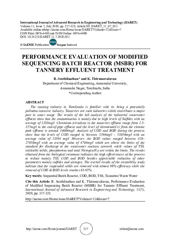 (PDF) PERFORMANCE EVALUATION OF MODIFIED SEQUENCING BATCH REACTOR (MSBR ...